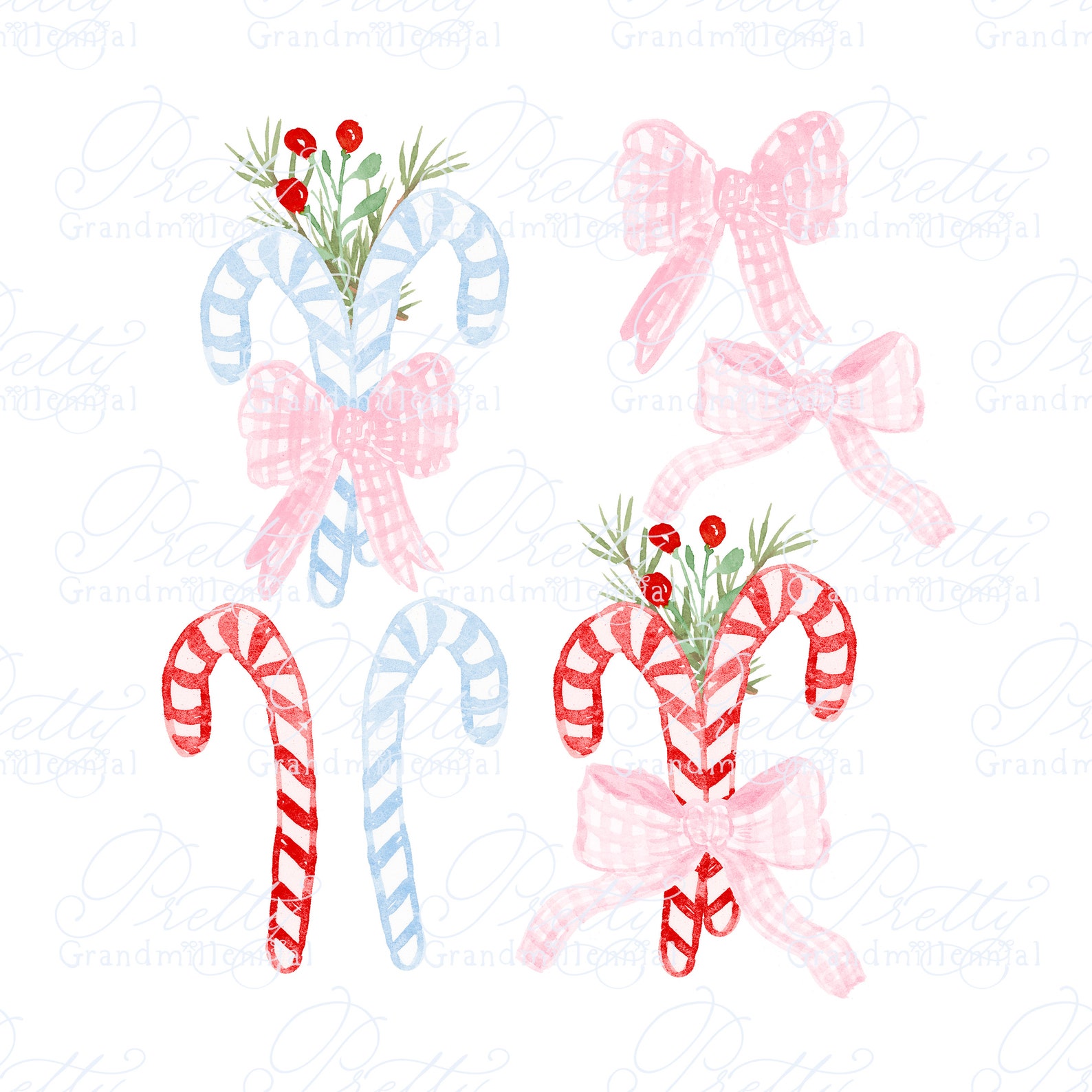 Christmas Watercolor Candy Canes & Gingham Bows, Watercolor Candy Canes ...
