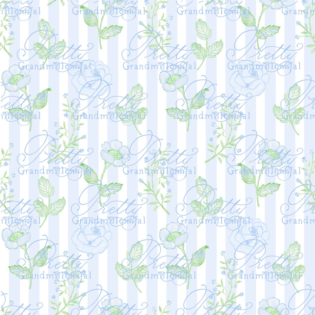 Blue Flowers on Blue Striped Background Pattern, Grandmillennial ...