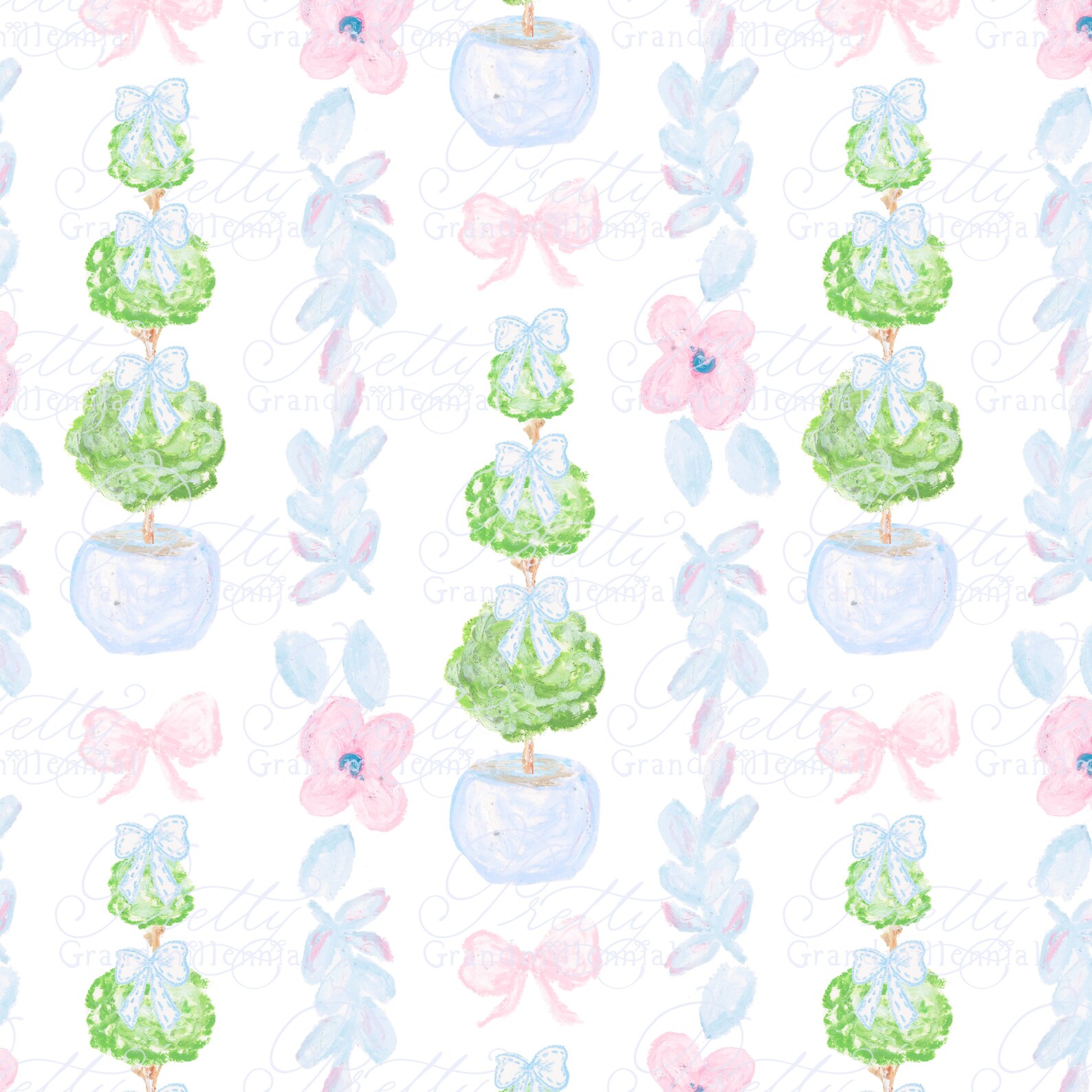 Boxwood Trees Pattern, Boxwood Pattern, Grandmillennial Boxwood, Bows ...