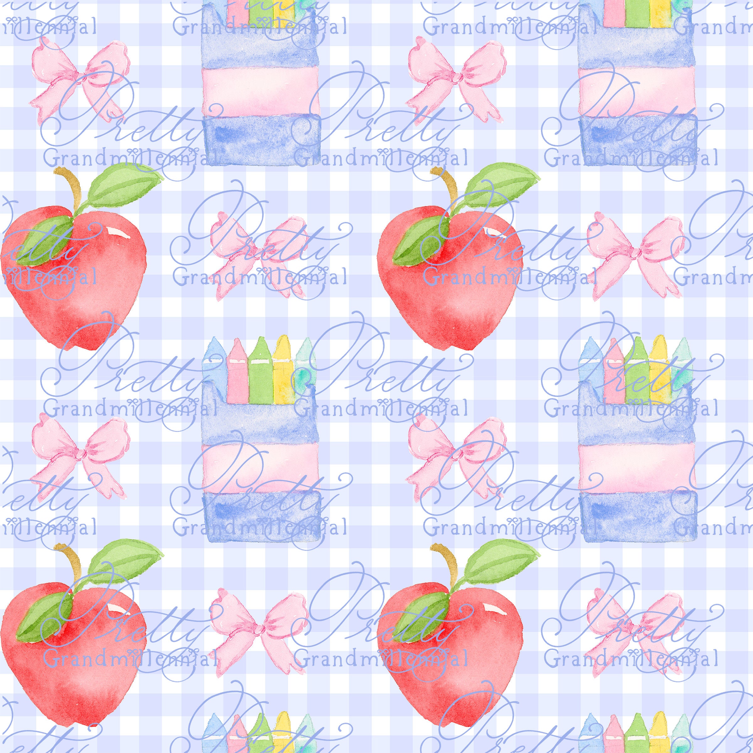 Grandmillennial Back to School Pattern, Apple Print, Watercolor School ...