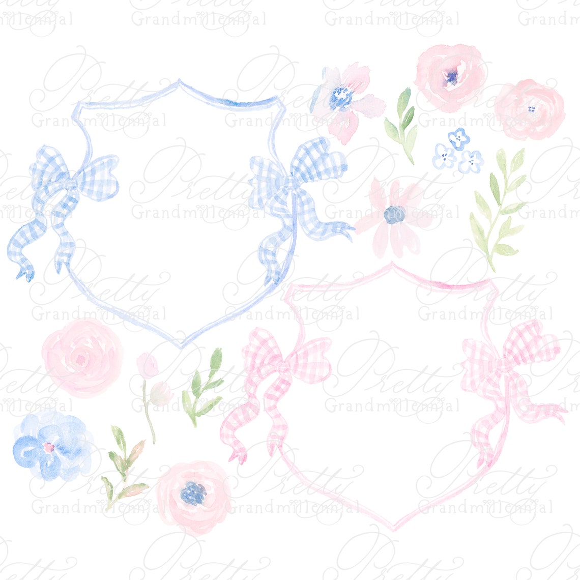 Watercolor Double Gingham Bow Crest Clipart Elements - Etsy