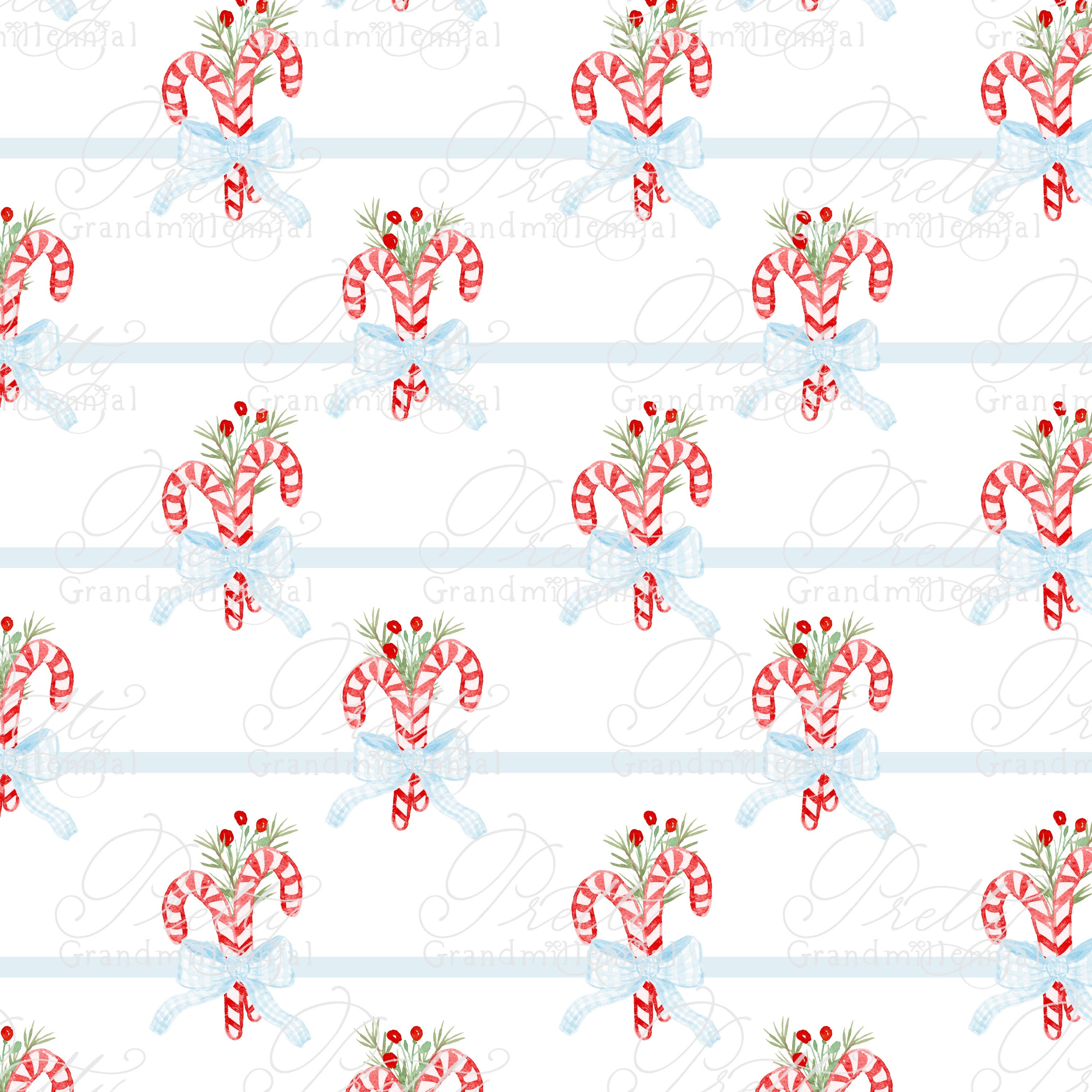 Christmas Watercolor Candy Canes & Gingham Bows, Candy Cane Pattern ...