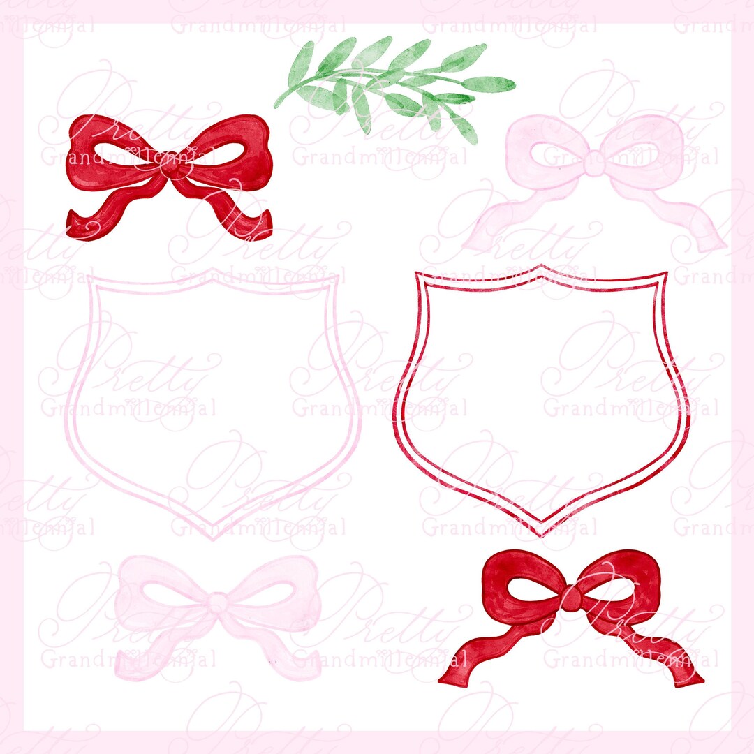Grandmillennial Preppy Crest, Christmas Crest, Christmas Bows, Red Bows ...