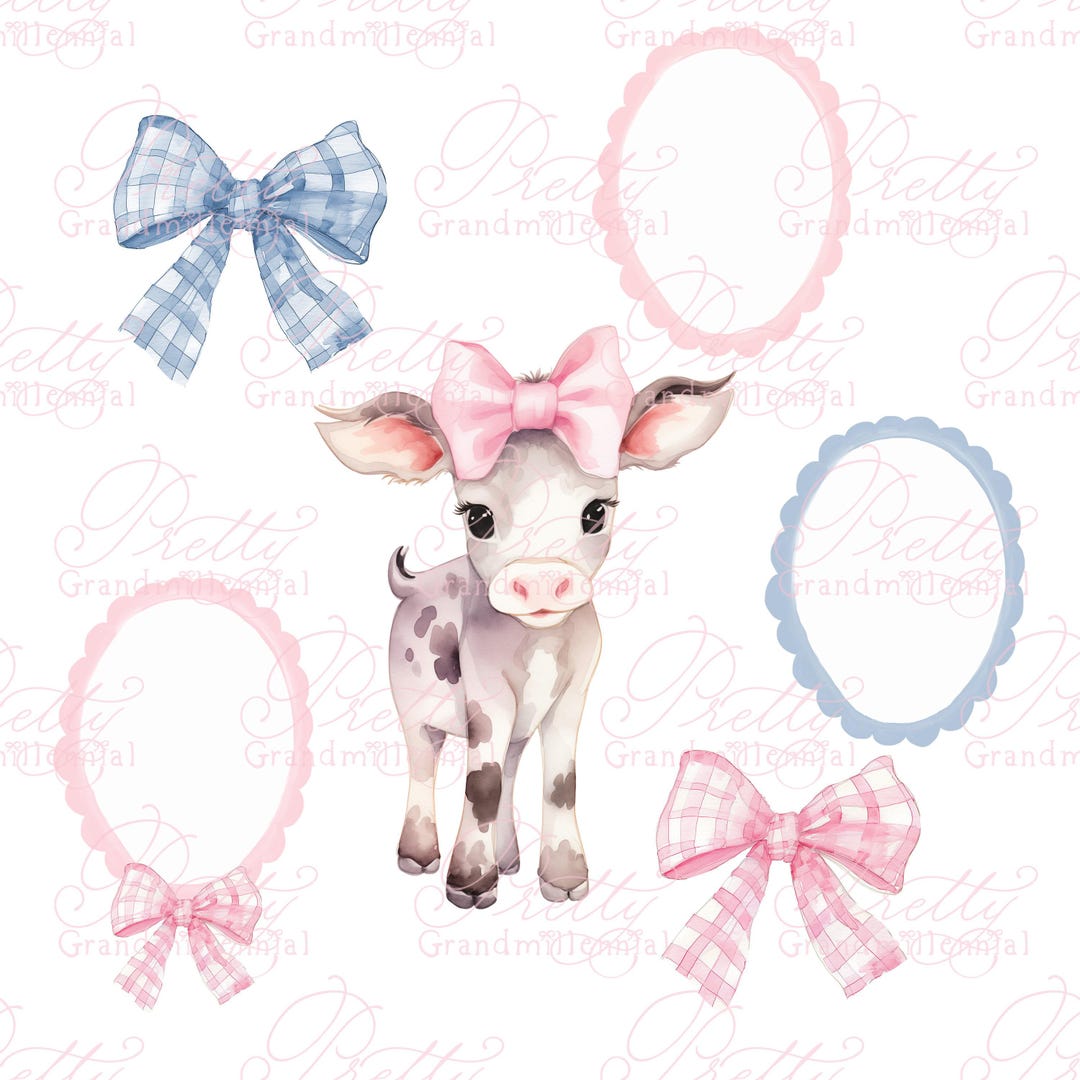 Watercolor Cute Cow Clipart, Scallop Wavy Frame Clipart, Gingham Bow ...