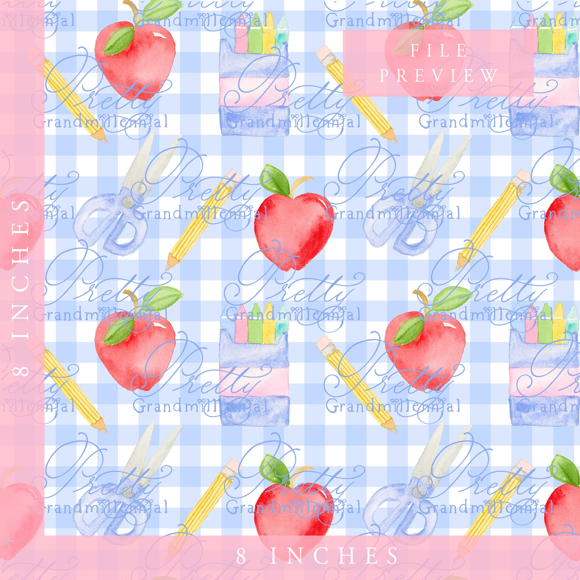 Grandmillennial Back to School Pattern, Apple Print, Watercolor School ...