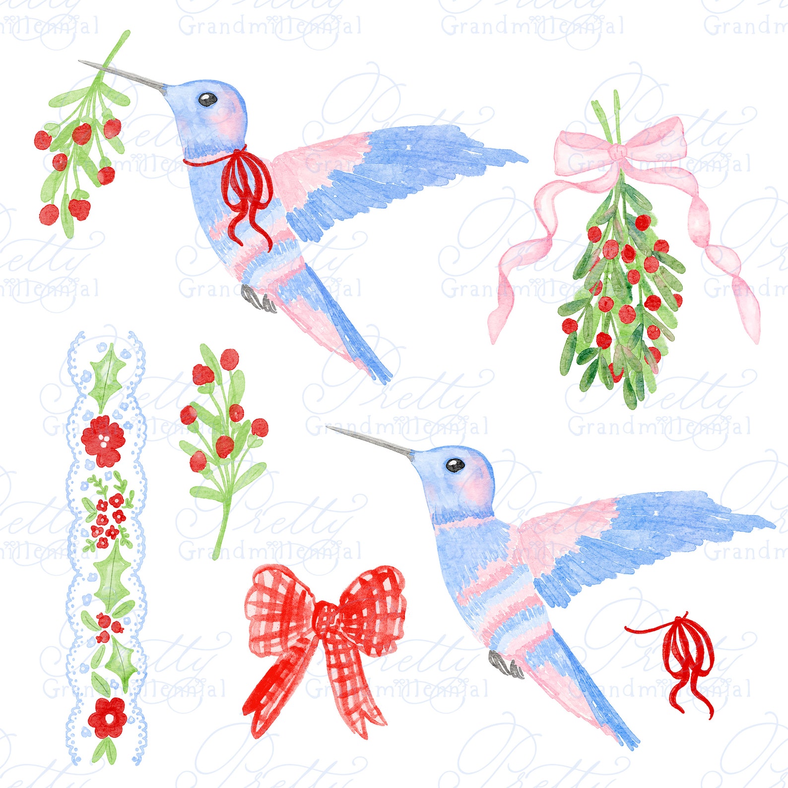 Christmas Clipart, Humming Bird Clipart, Christmas Bird Clipart, Ribbon ...