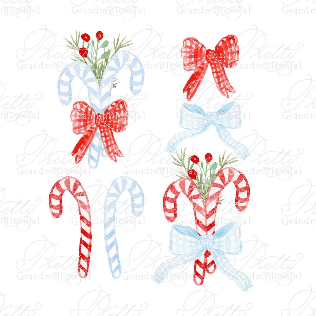 Christmas Watercolor Candy Canes & Gingham Bows, Watercolor Candy Canes ...