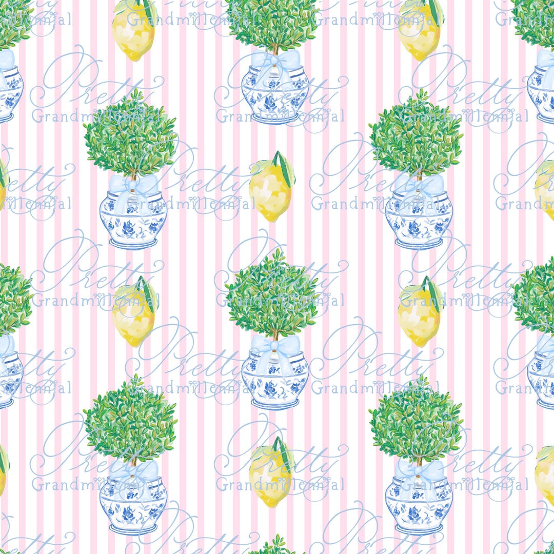 Grandmillennial Lemon Topiary Summer Pattern, Seamless Lemon Summer ...