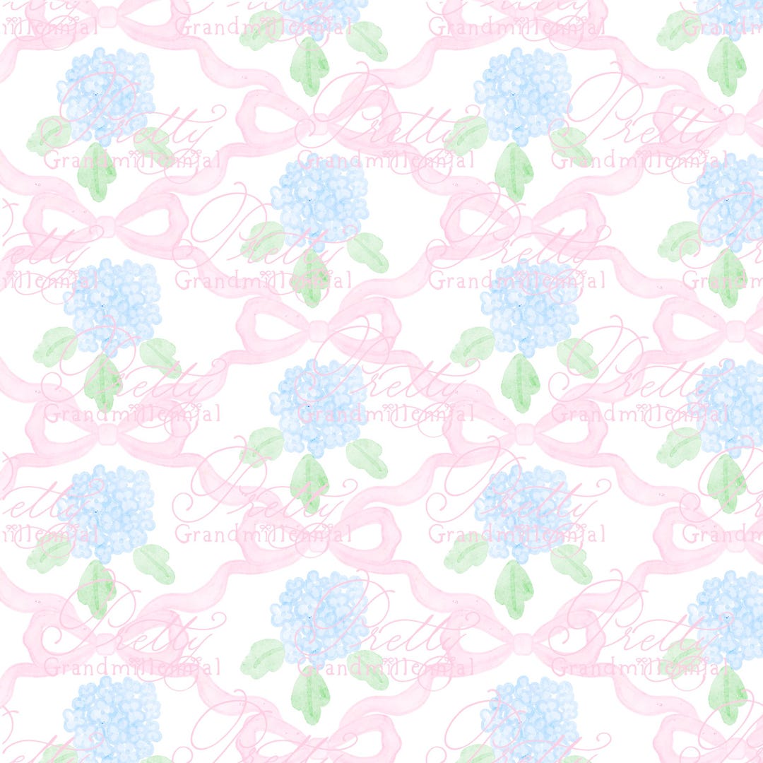 Watercolor Hydrangeas Coquette Bows, Seamless Pattern, Grandmillennial ...
