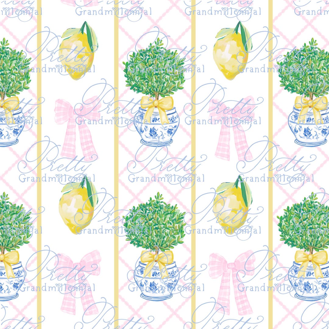 Grandmillennial Lemon Topiary Summer Pattern, Seamless Lemon Summer ...