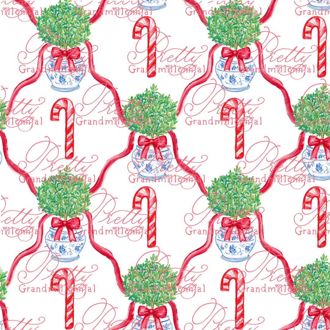 Grandmillennial Christmas Topiary Pattern, Seamless Candy Cane Preppy ...
