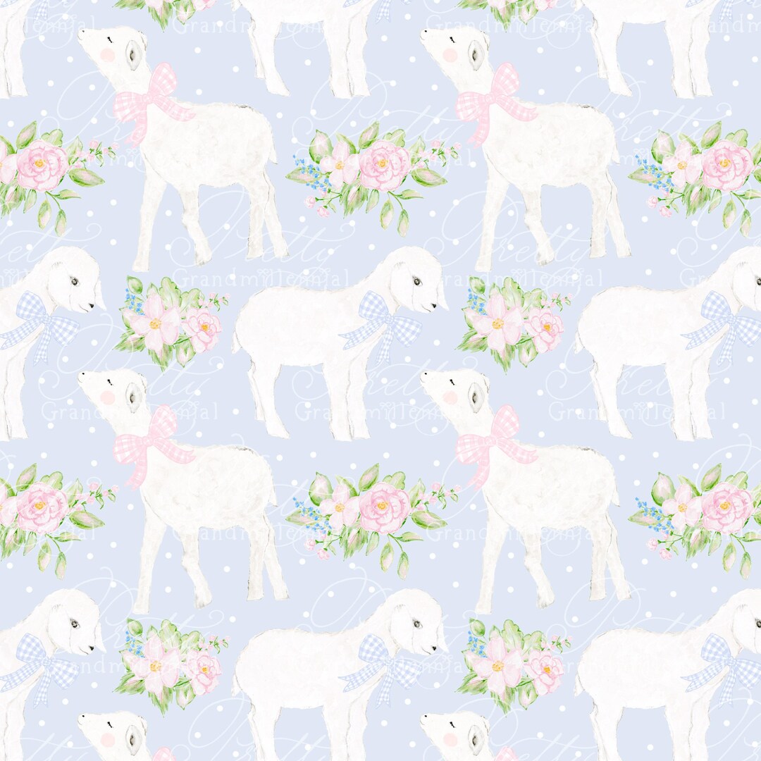 Lamb Bows & Flowers Pattern, Spring Lamb Pattern, Watercolor Lamb ...