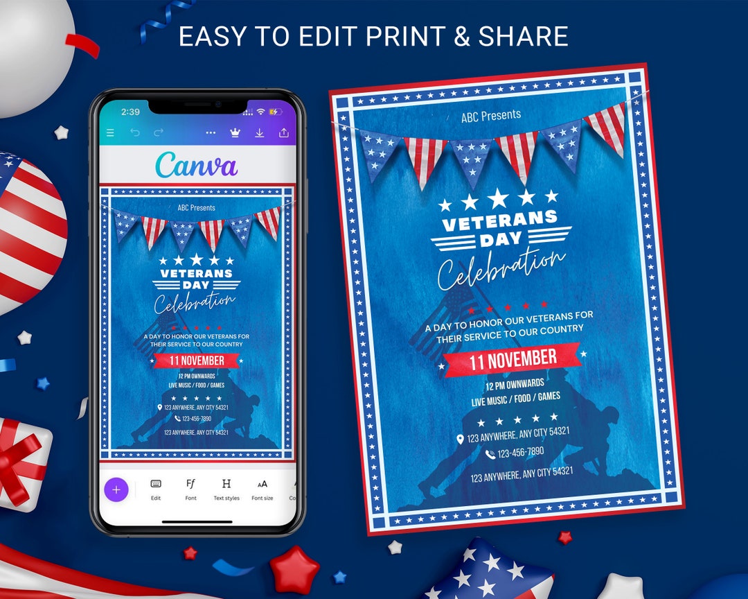 Editable Veterans Day Invitation Template, Customizable Canva Design ...