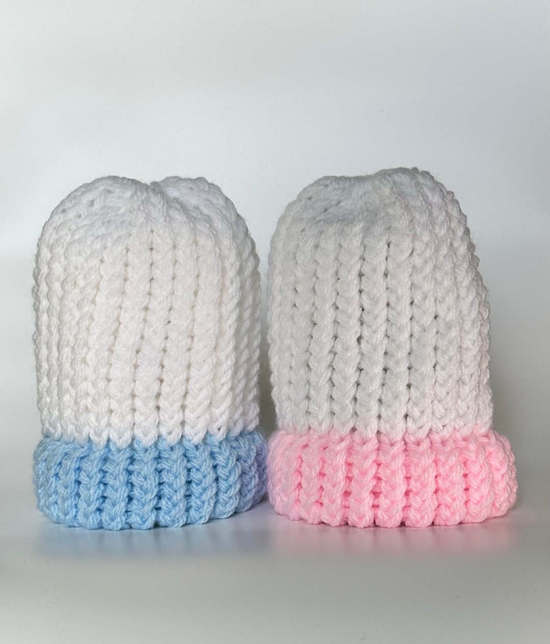 Set of 2 Pink and Blue Trim Baby Hat Set, Pregnancy Announcement ...