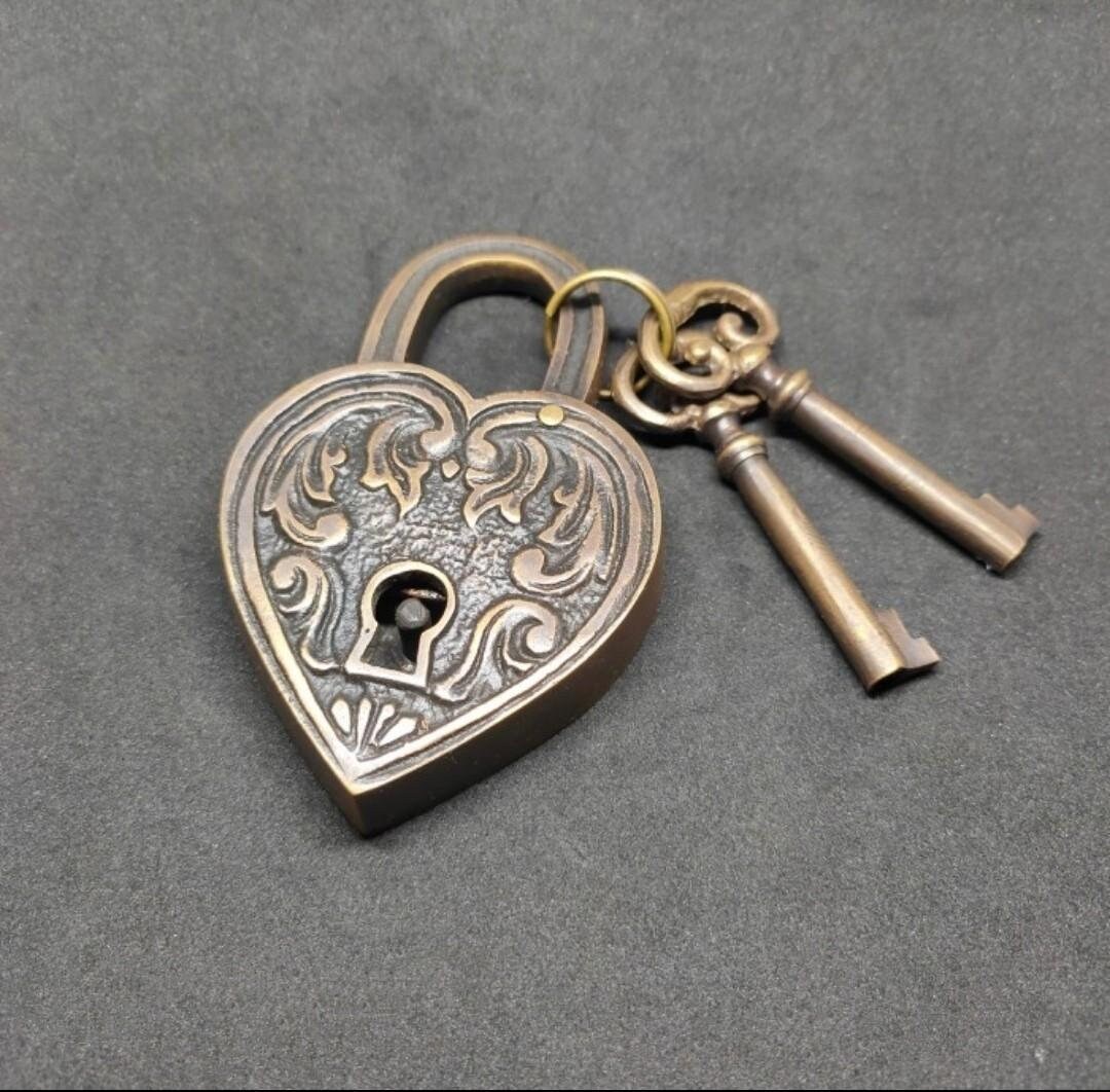 3.7" Love Shaped Ornate Vintage PADLOCK Solid Brass, Brass Padlock Set ...