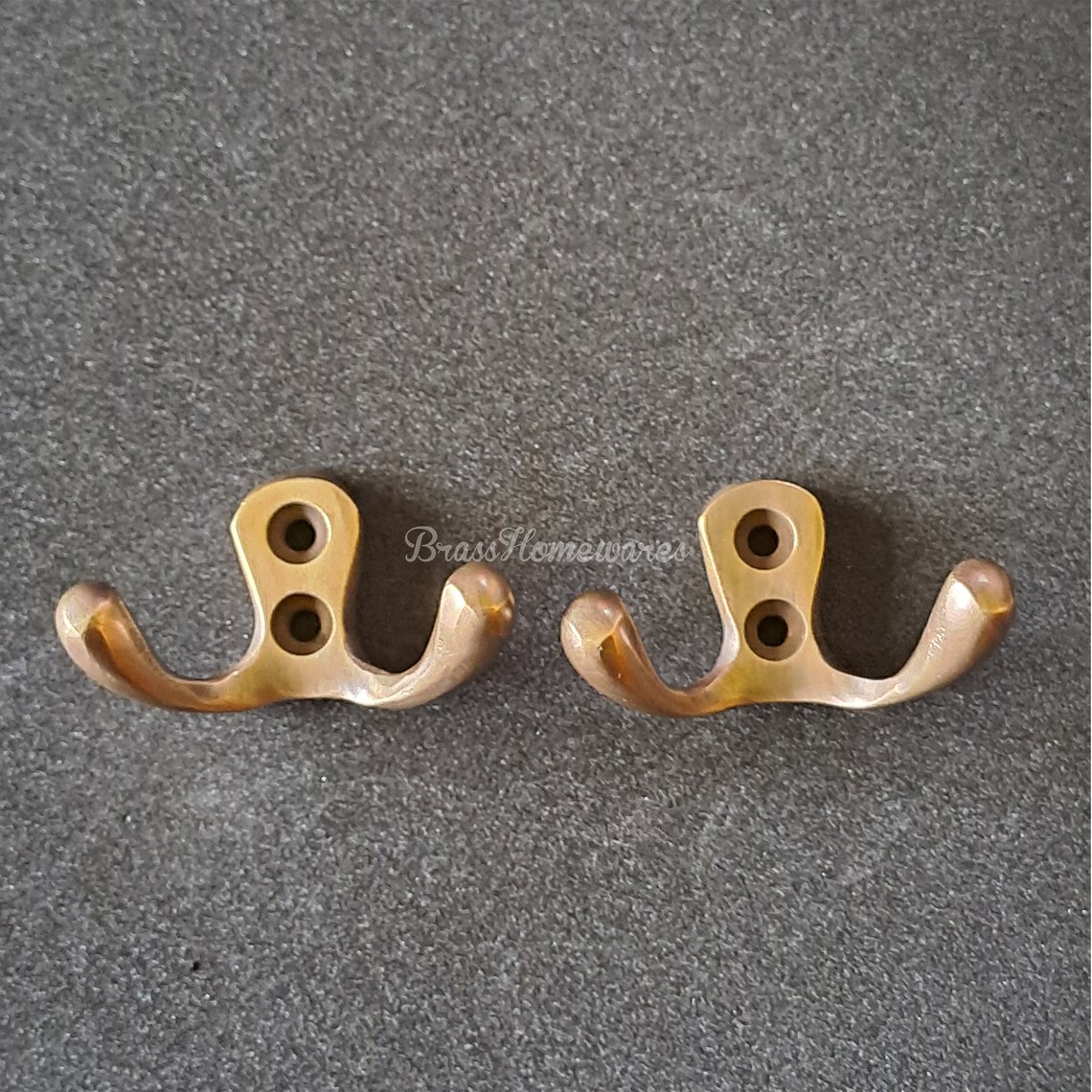 Set of Vintage Solid Brass SHORT DOUBLE Hook Hanger Strong Wall Mount ...