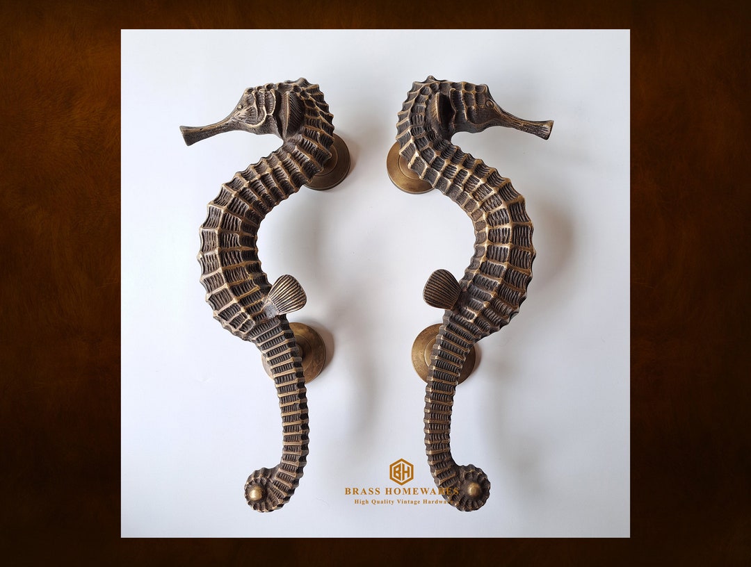 11.8" Pair of Seahorse Vintage Solid Brass Door Handle Pull, Antique ...