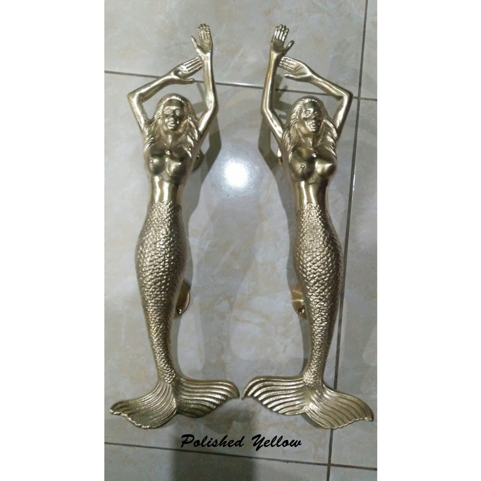15.3 Pair of Heavy Antique Mermaid Brass Door Handle Entry Door Grab ...