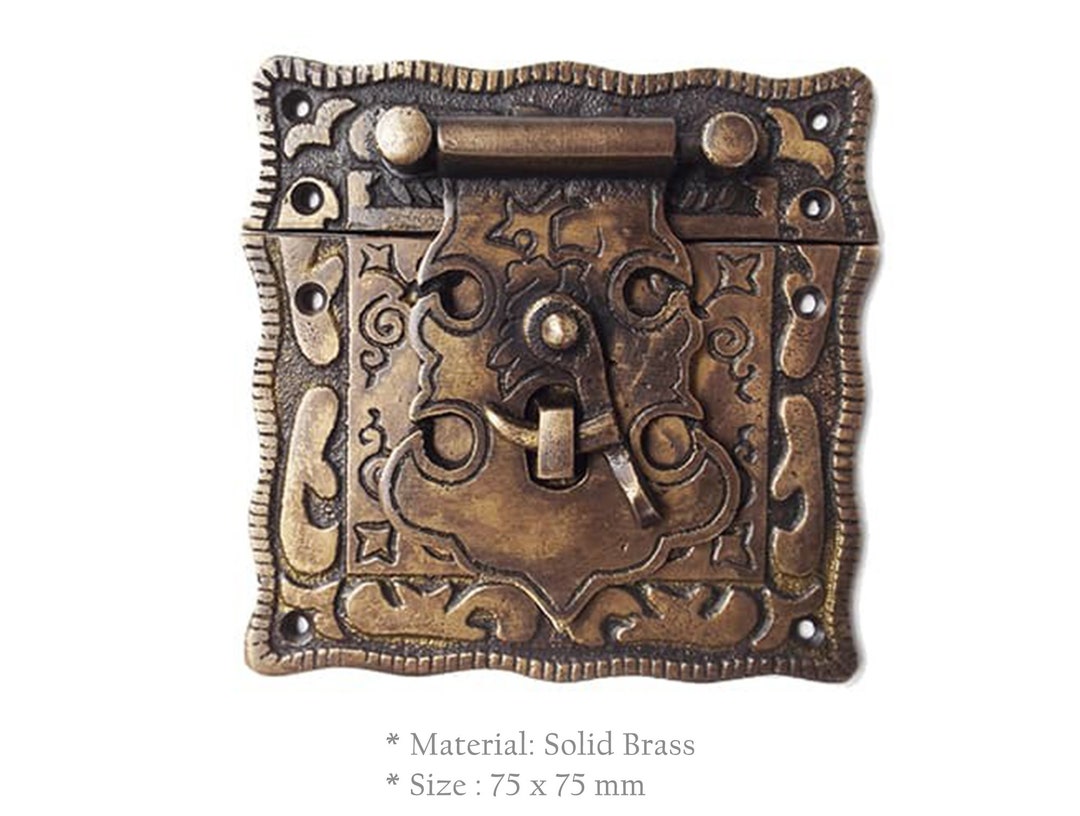 3" Vintage Solid BRASS LATCH LOCK Ornate Square With Hook Slot Strong ...
