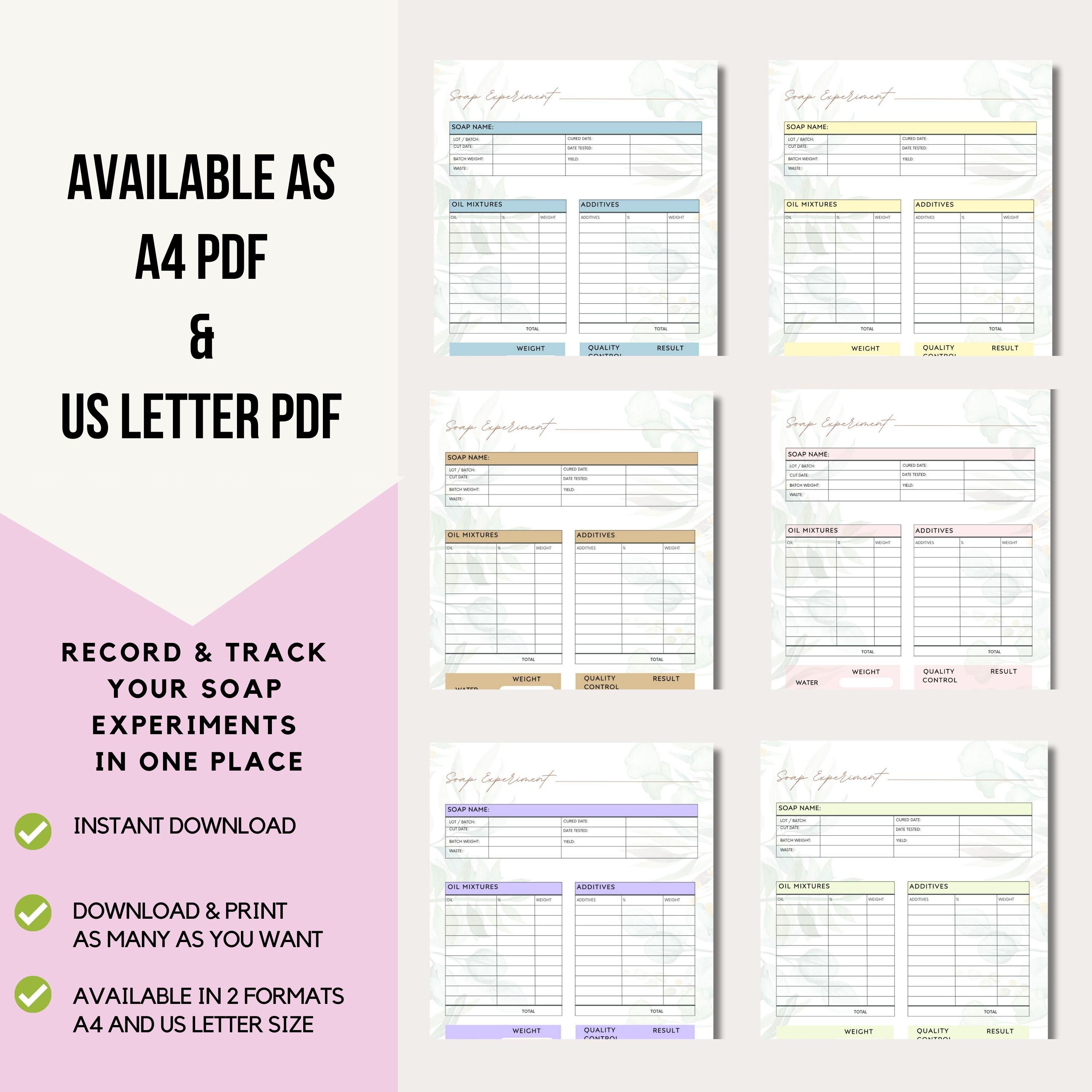 Soap Recipe Template: Printable Experiment Sheets (A4 & US Letter PDF ...