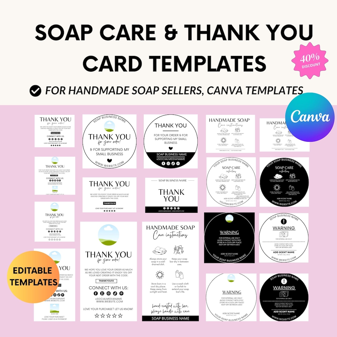 Soap Care & Thank You Card Templates: Editable Canva Design (digital ...
