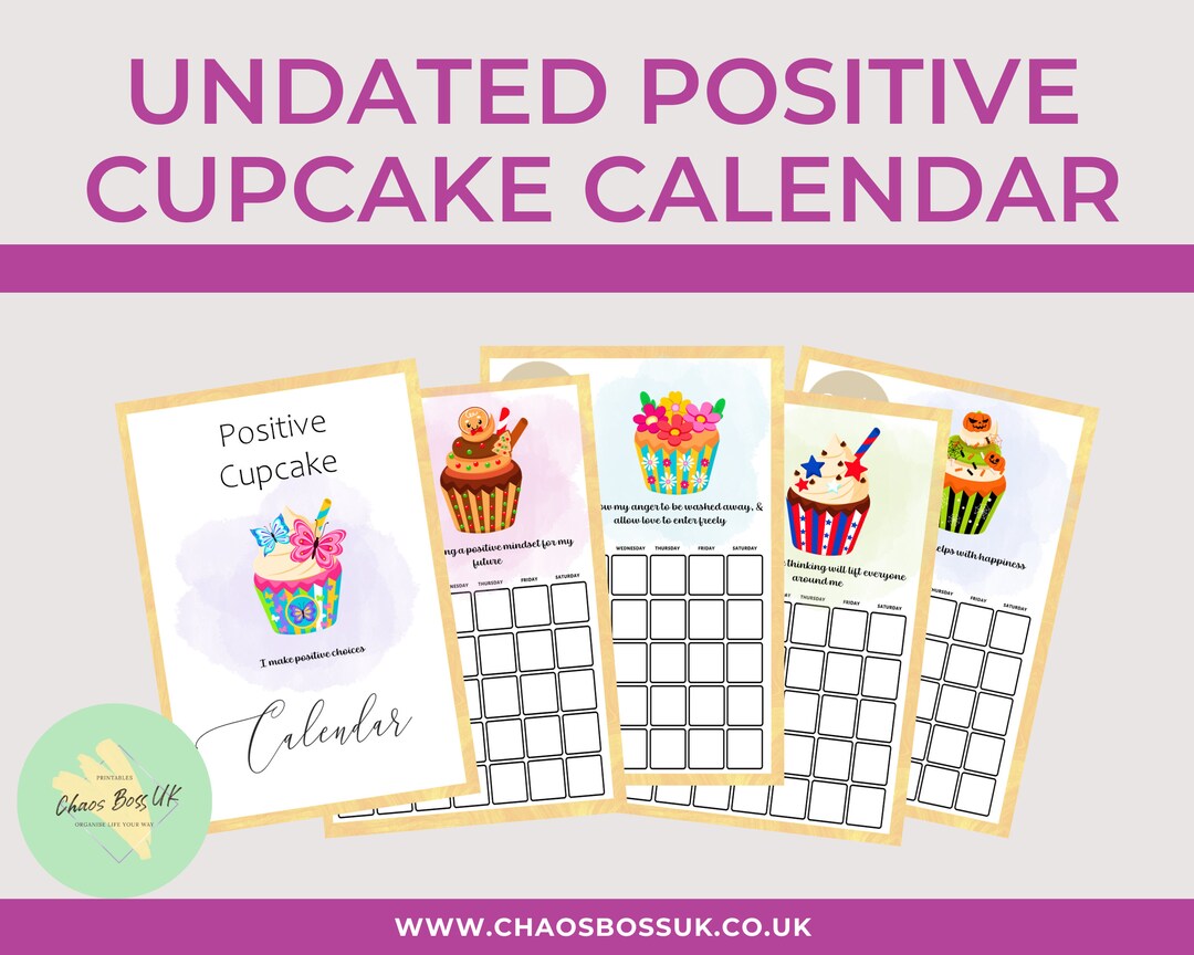 Positive Cupcake Calendar - A4 PDF Perpetual Calendar Each Month Has a ...