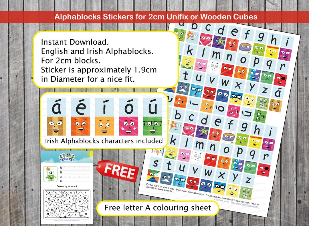 Alphablocks Stickers English and Irish - for 2cm Mathlink Cubes or ...