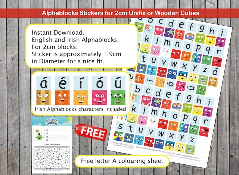Alphablocks Stickers English and Irish - for 2cm Mathlink Cubes or ...