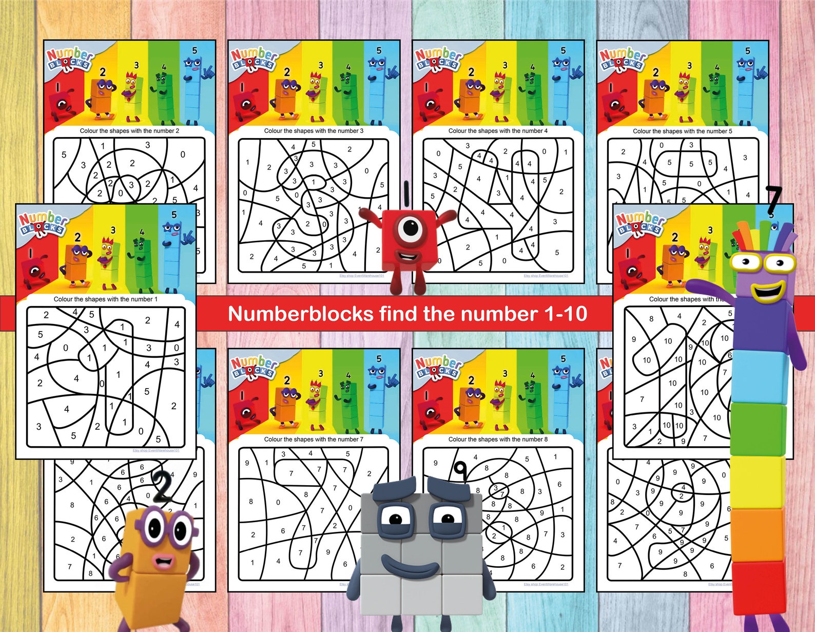 Numberblocks Colouring Sheets 1 to 10 - Find the Hidden Number. Instant ...