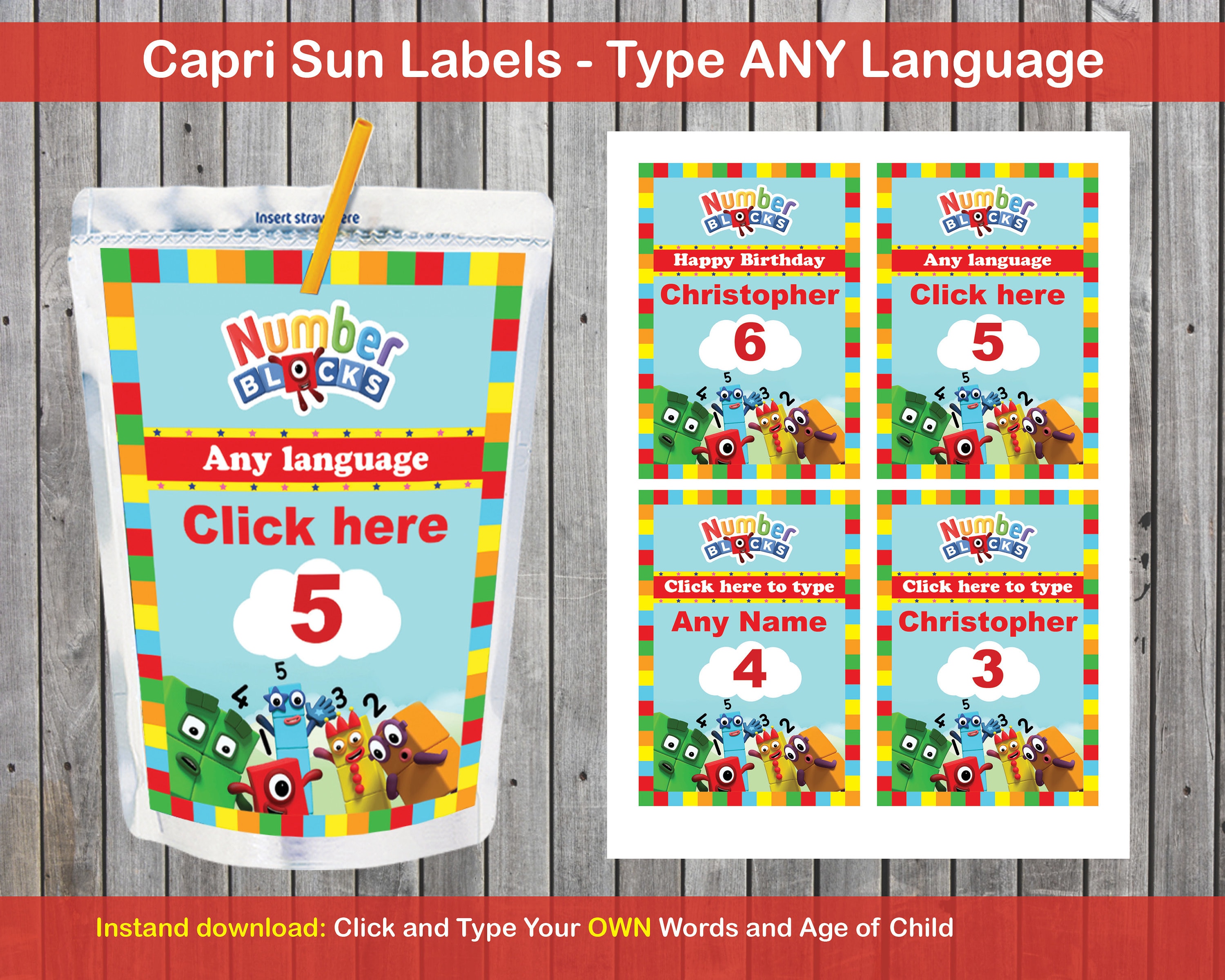Numberblocks Capri Sun Labels Texto editable Descarga - Etsy España