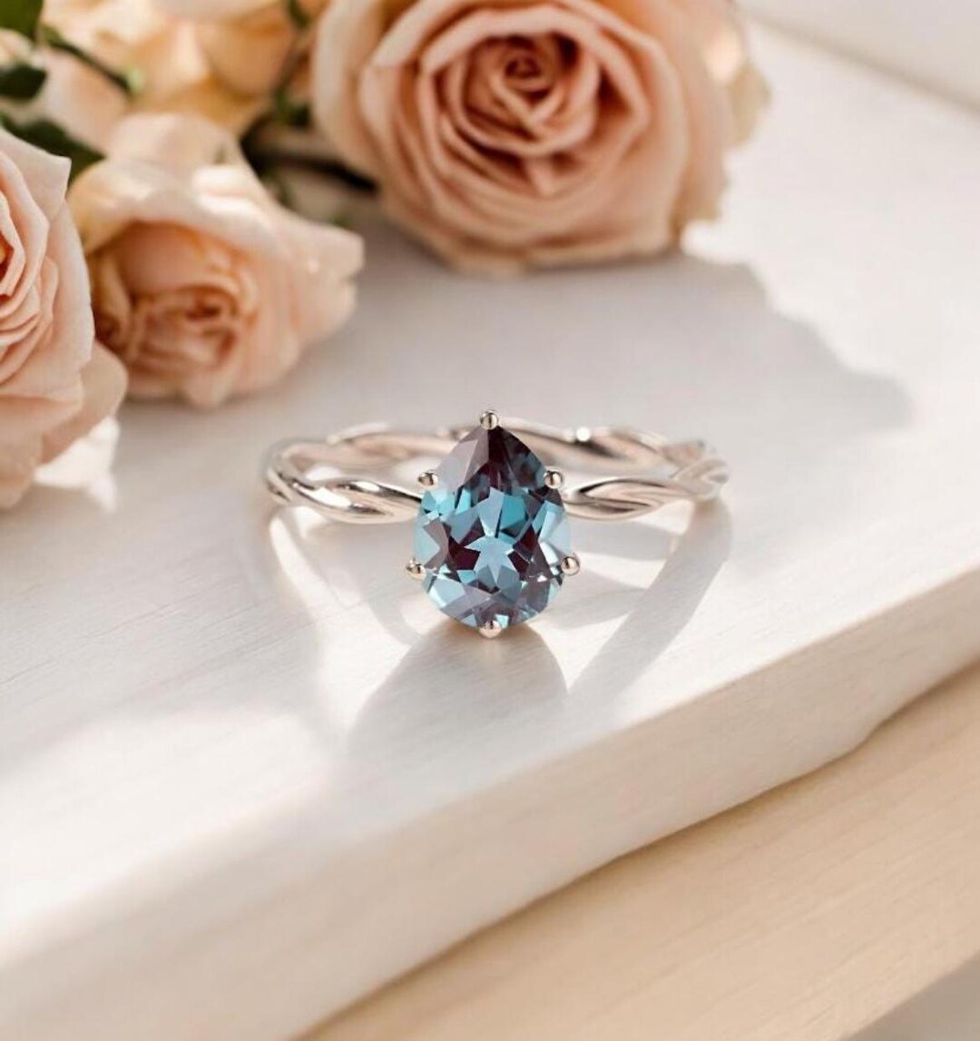 Pear Alexandrite Engagement Ring: Diamond Cluster, 14k Rose Gold ...