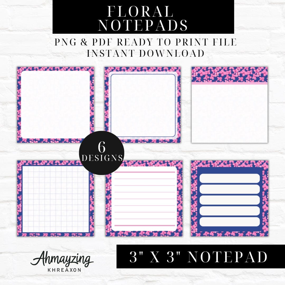 Floral Notepads | 3x3 Printable Sticky Notes | 6 PNG & PDF Designs ...
