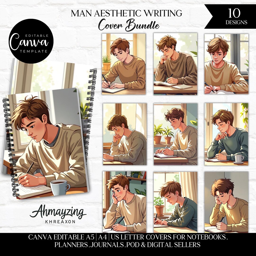 Boy Aesthetic Writing Notebook Cover Bundle | Canva Editable Templates ...
