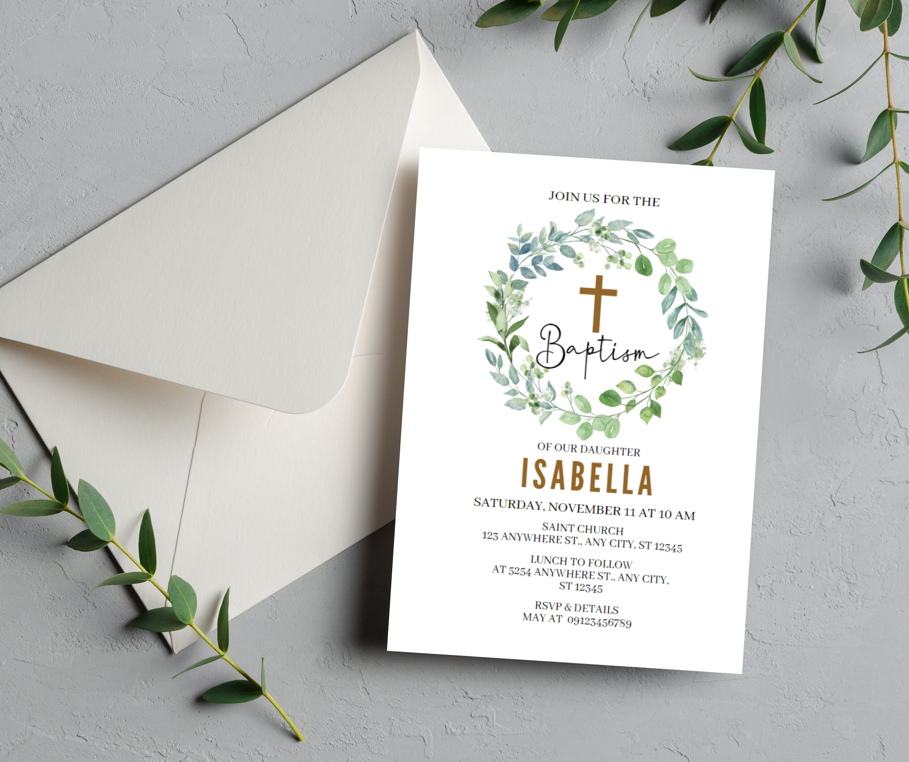 Digital Baptism Invitation |minimalist Greenery Baptism Invitation ...