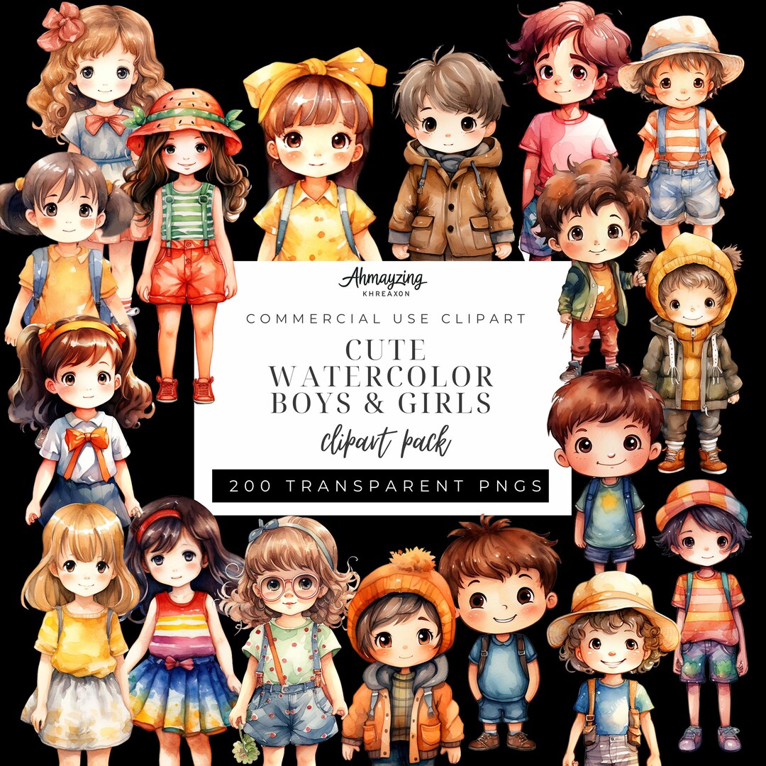 Watercolor Cute Kids Clipart | 200 Ai-enhanced Pngs | Commercial Use ...