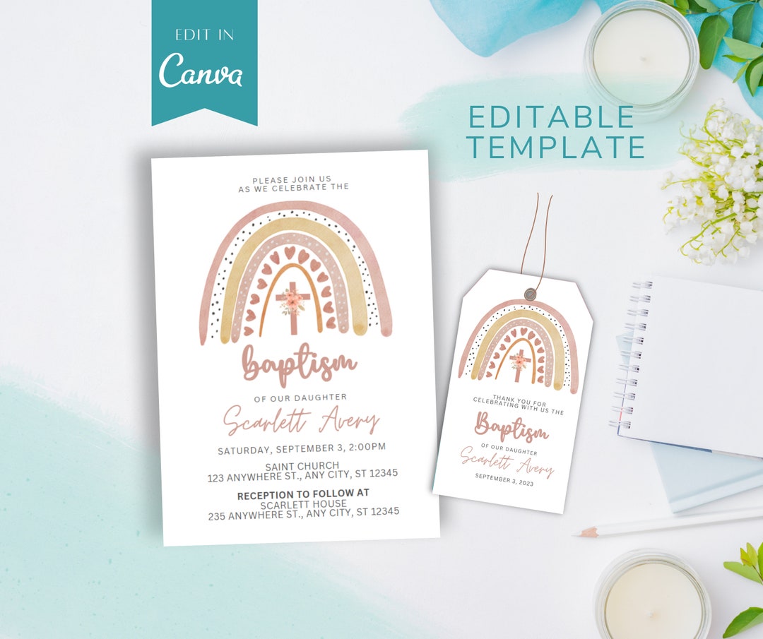Boho Rainbow Digital Baptism Invitation Template Editable Canva ...