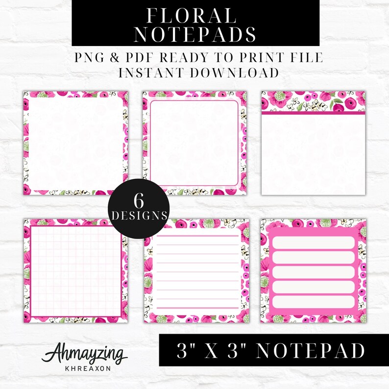 Floral Notepads | 3x3 Printable Sticky Notes | 6 PNG & PDF Designs ...