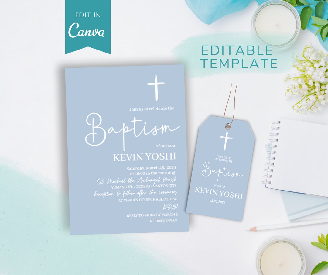 Blue Minimalist Boy Baptismal Invitation Editable Christening ...
