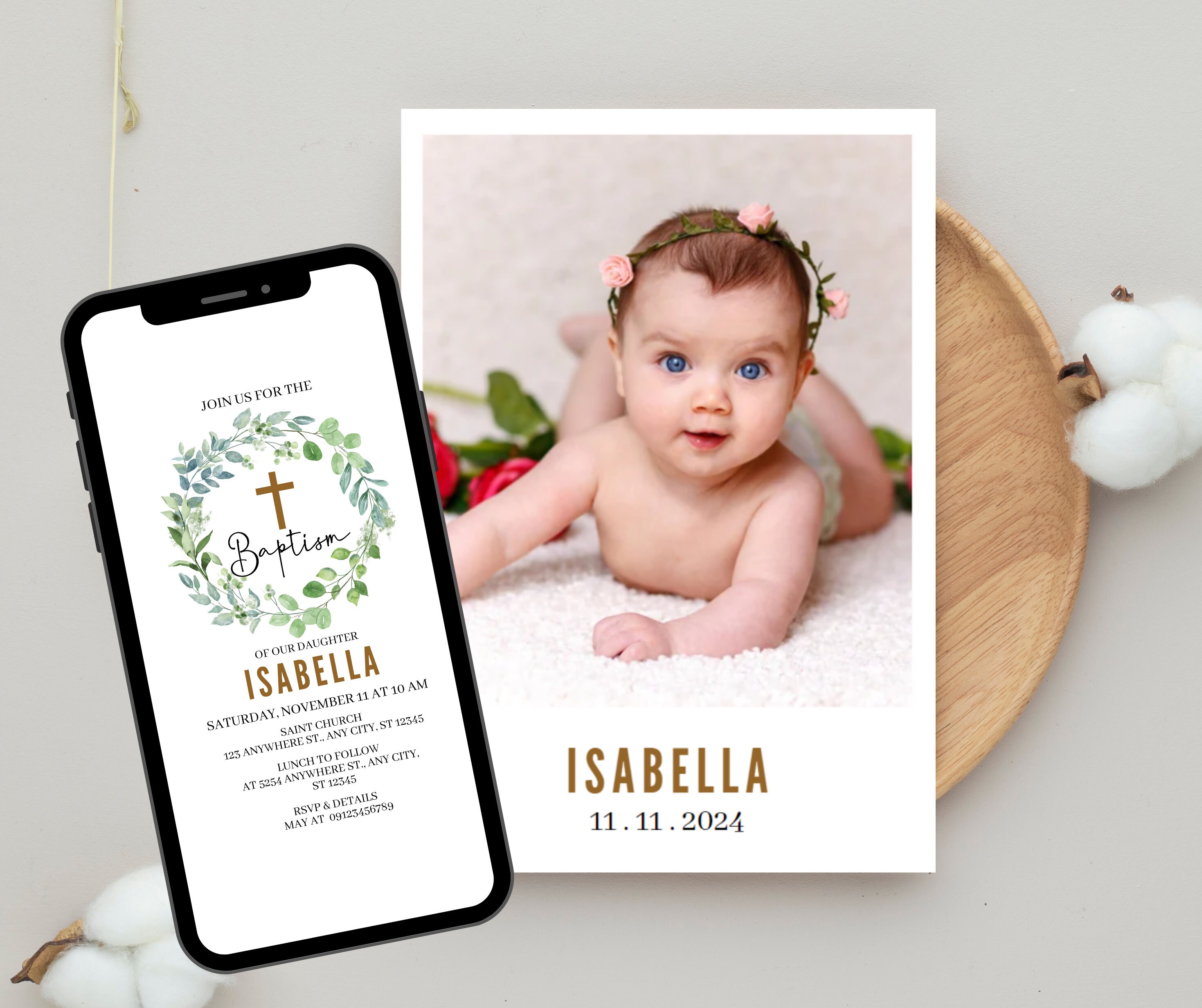 Digital Baptism Invitation |minimalist Greenery Baptism Invitation ...