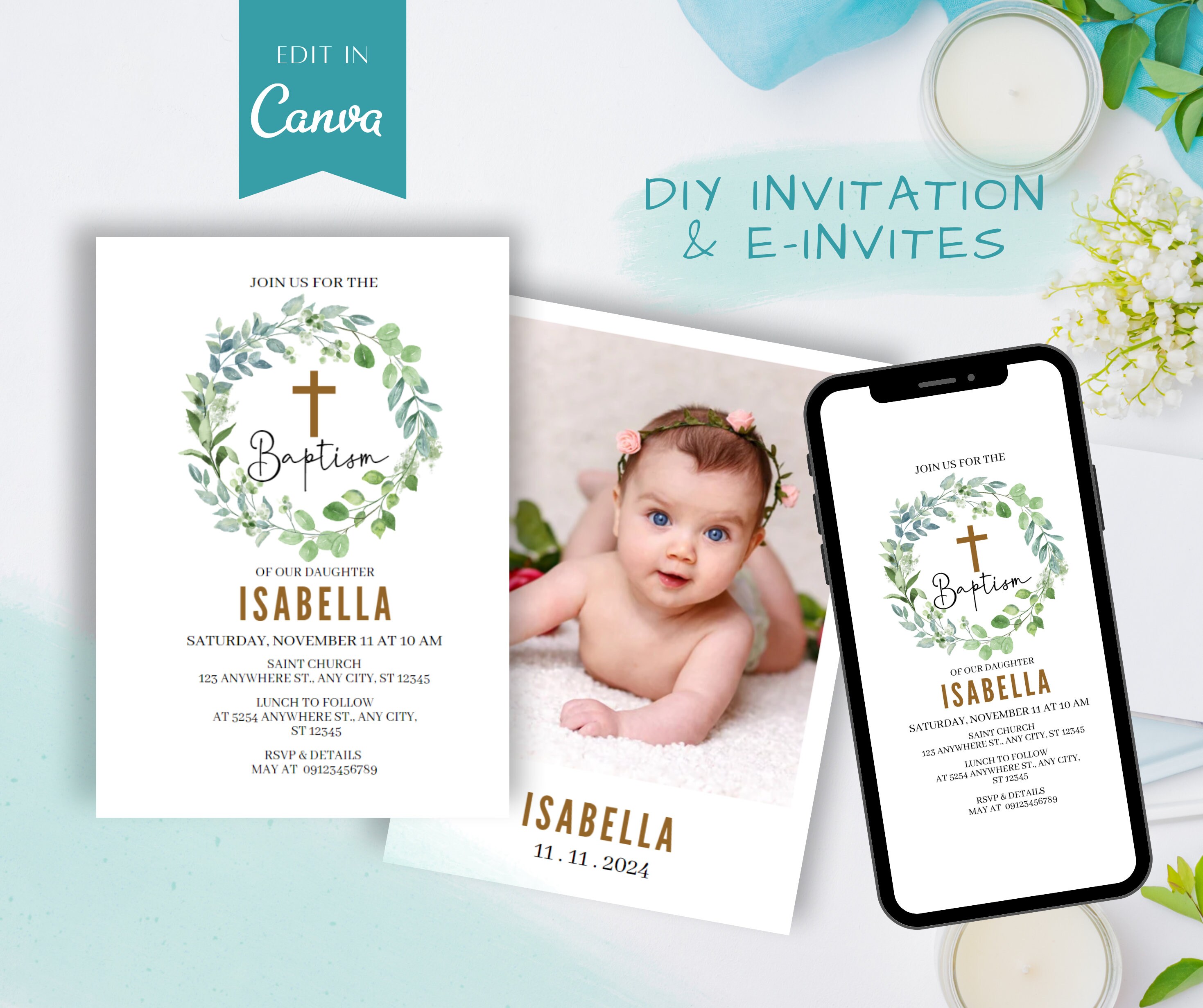 Digital Baptism Invitation |minimalist Greenery Baptism Invitation ...