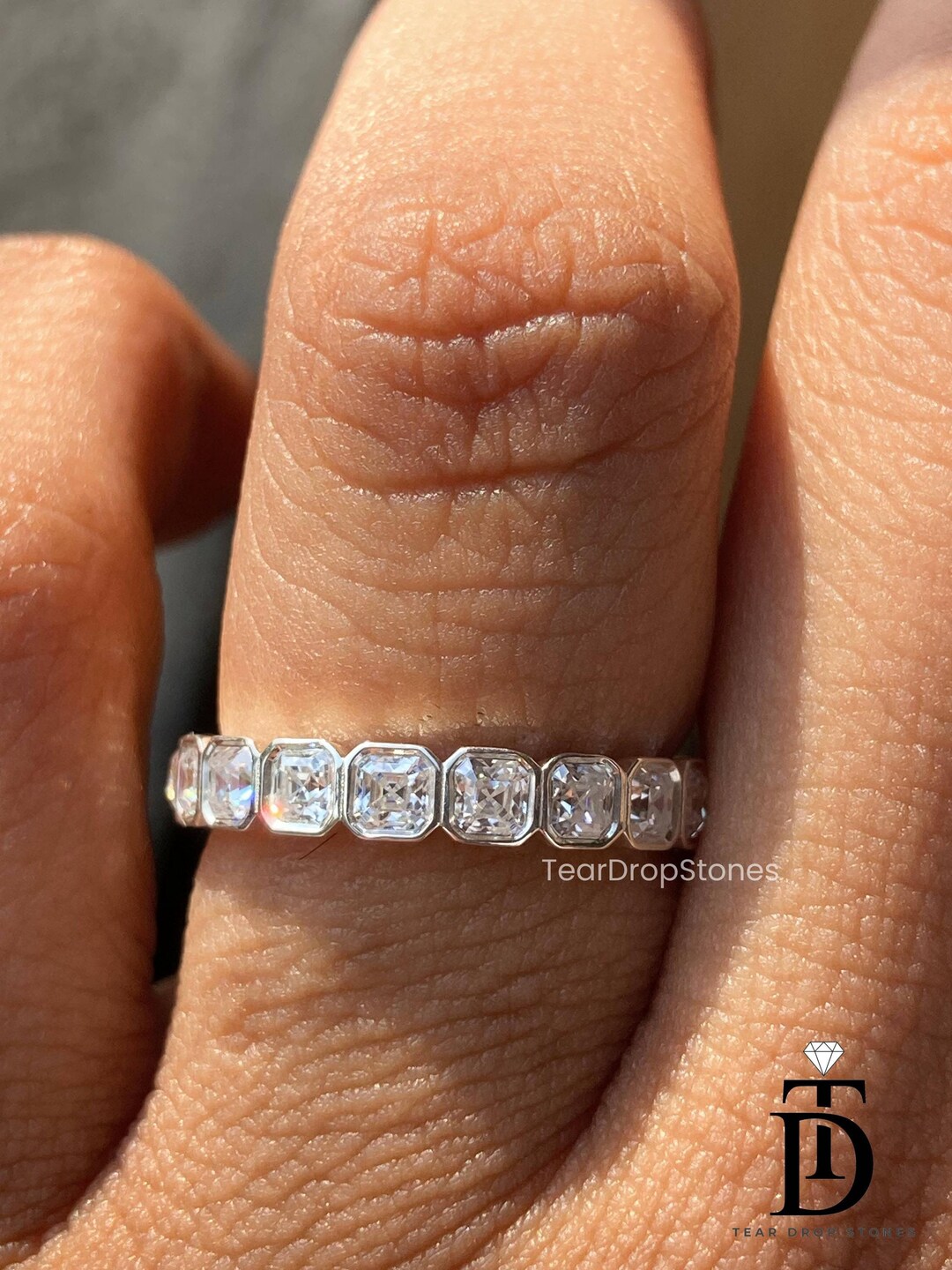 3 MM Asscher Cut Moissanite Full Eternity Band 14K Solid Gold Bezel Set ...