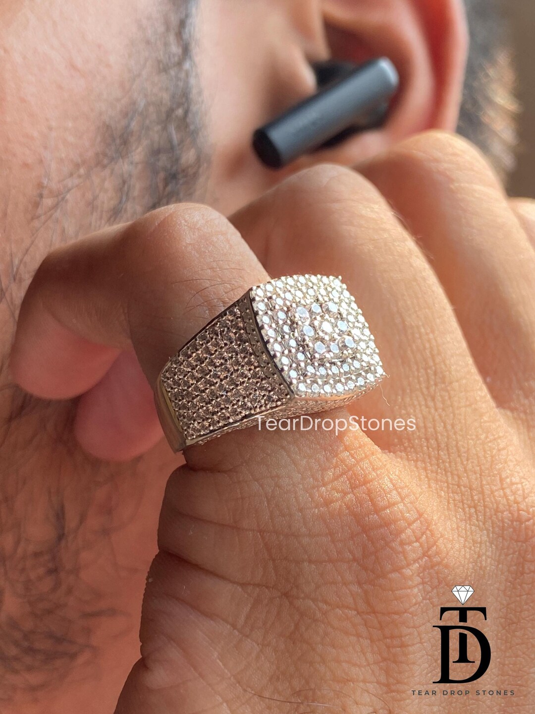 Mens Iced Out Moissanite Signet Ring 925 Sterling Silver Diamond Signet ...