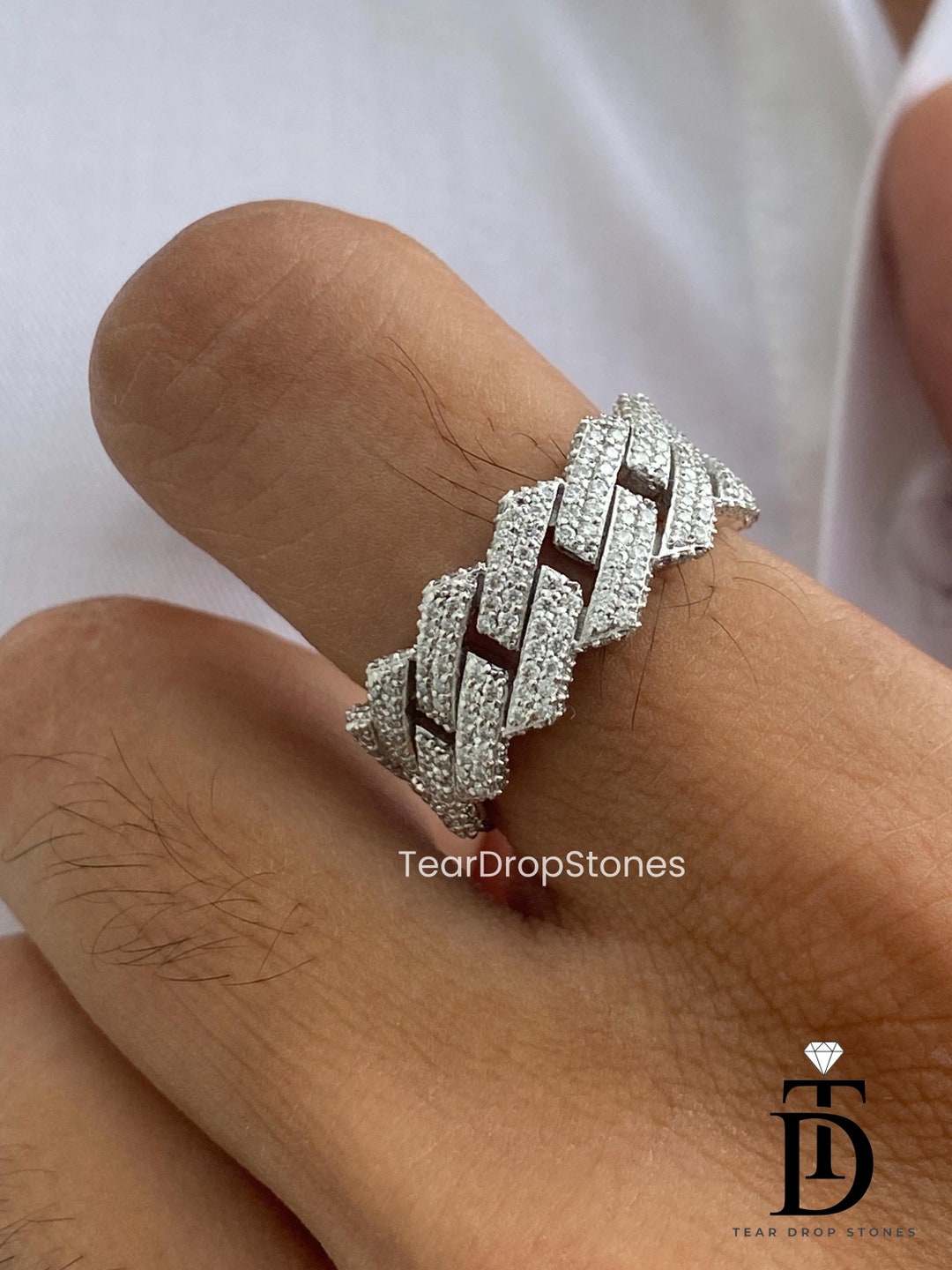 14K Solid Gold Cuban Link Ring VVS Moissanite Diamond Miami Cuban Link ...