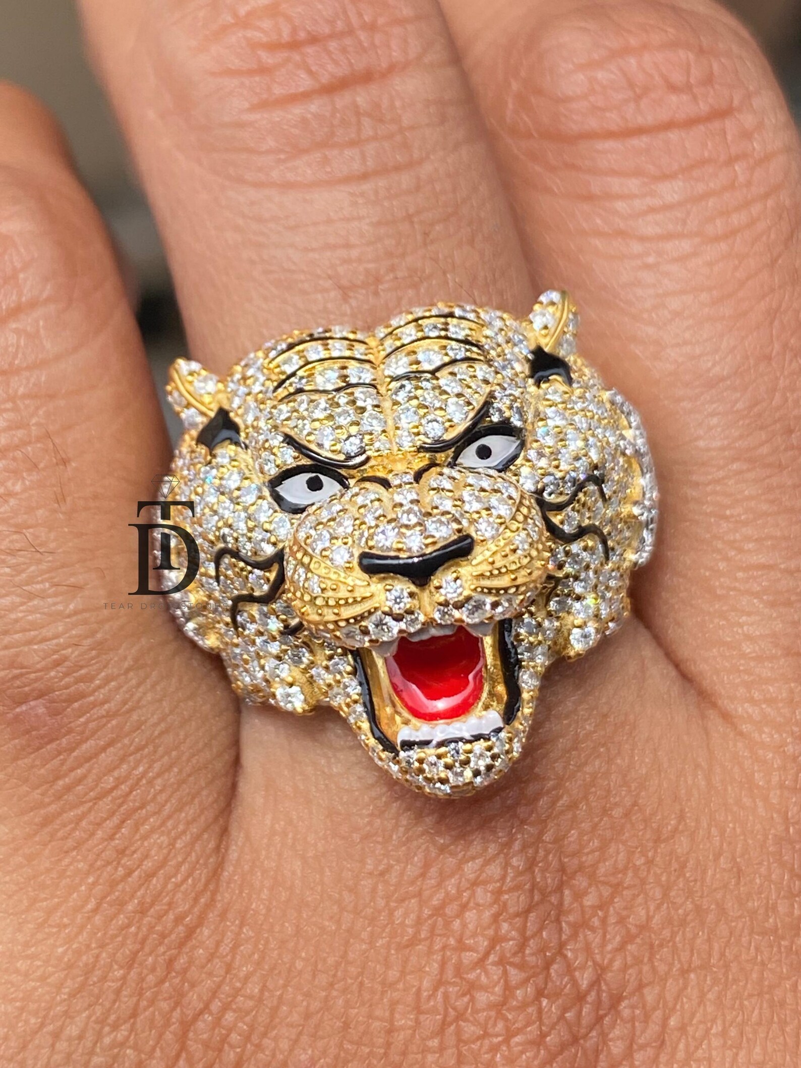 3D Roar Tiger Face Hip Hop Ring Round VVS Moissanite Hip Hop Ring Iced ...