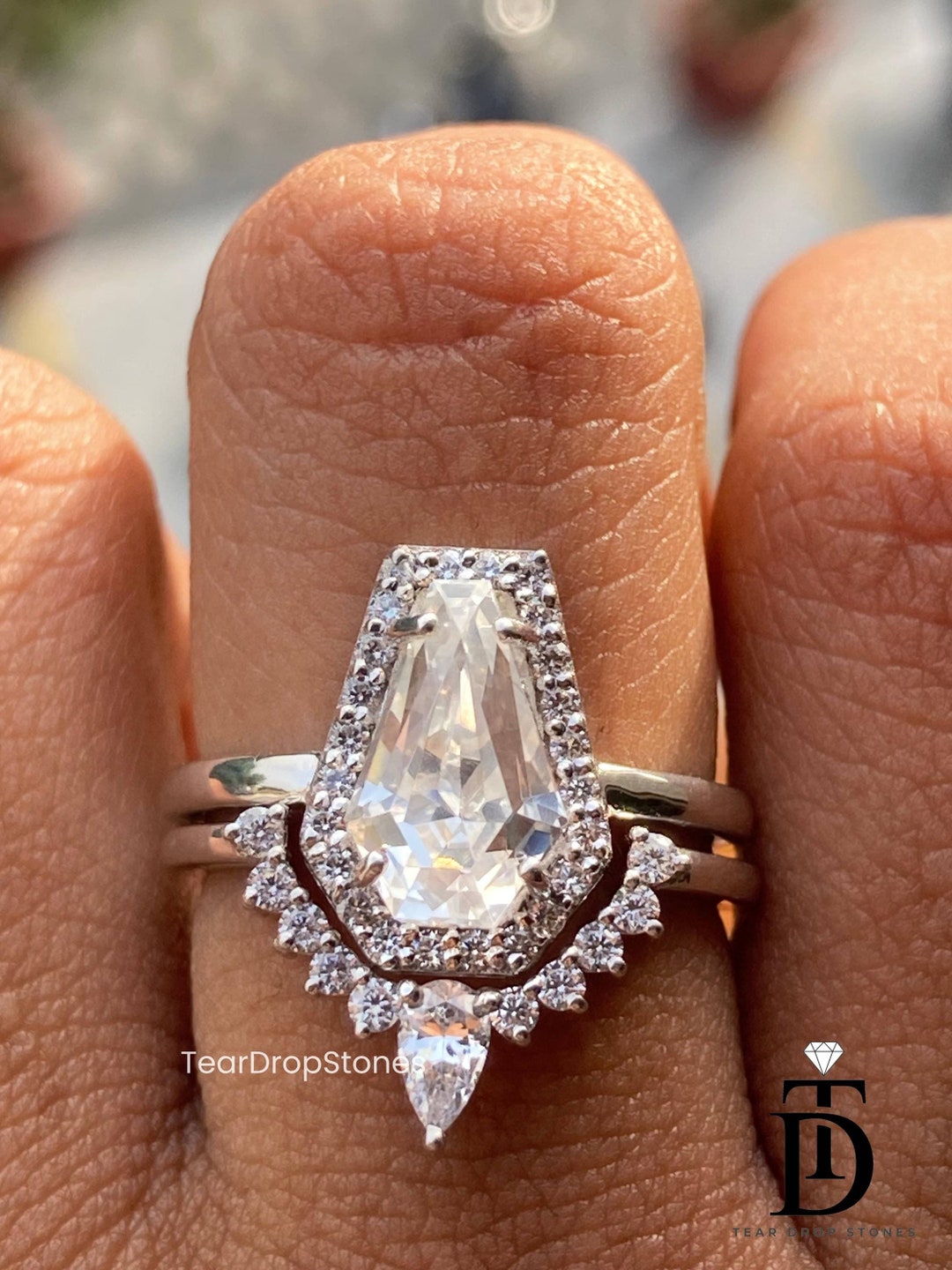 4 Ct Coffin Cut Moissanite Engagement Ring Set Matching Curved Band 14K ...