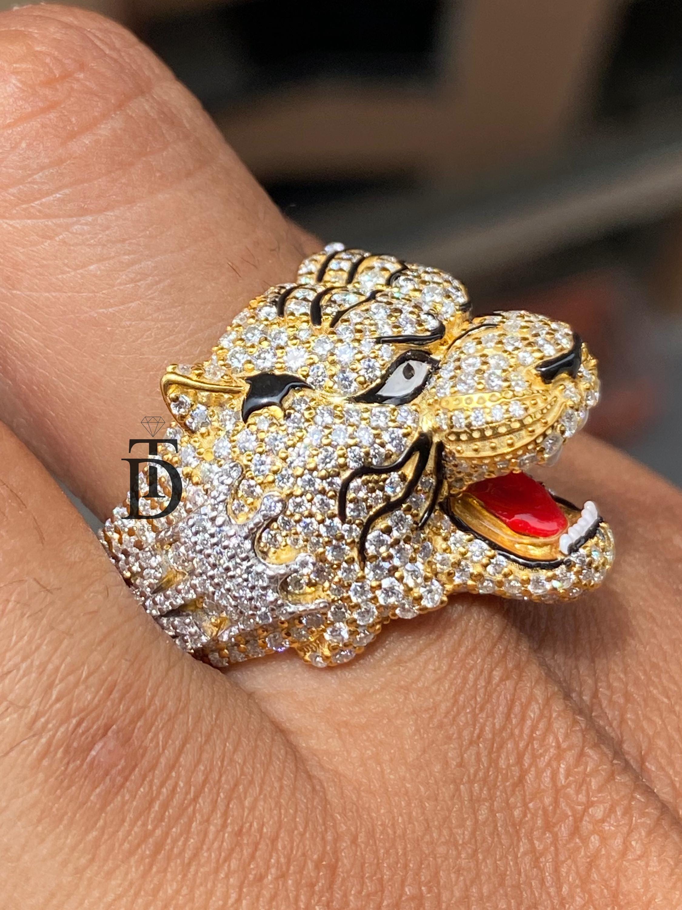 3D Roar Tiger Face Hip Hop Ring Round VVS Moissanite Hip Hop Ring Iced ...