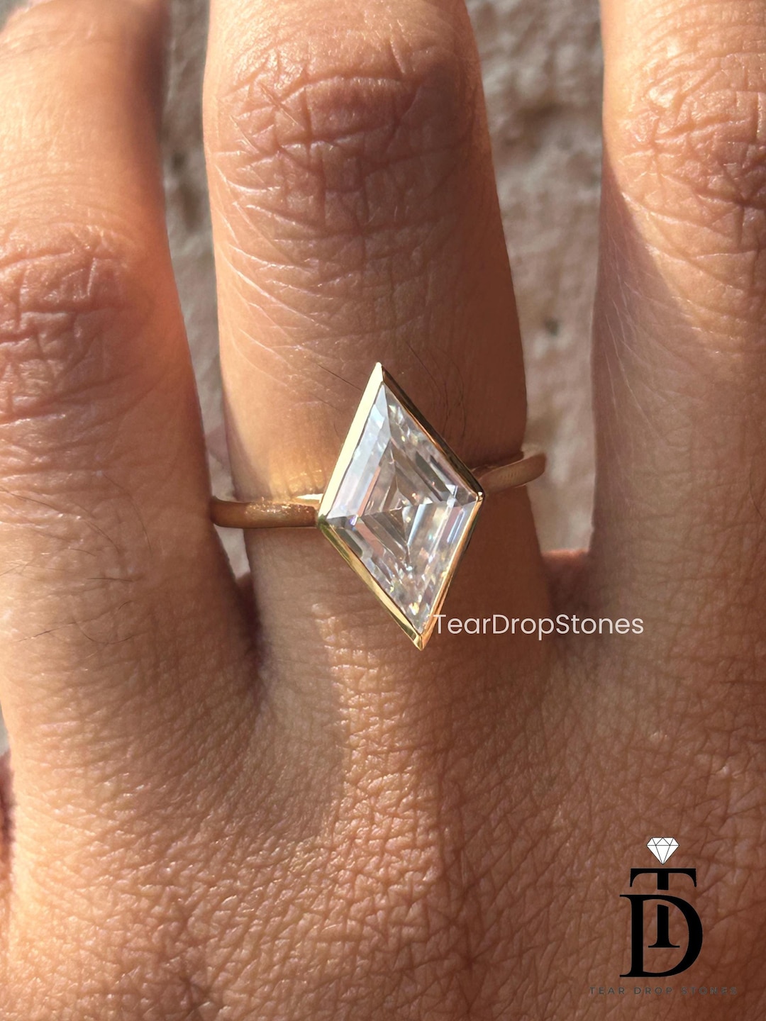 3.5 Ct Lozenge Cut Moissanite Engagement Ring Bezel Set Solitaire Ring ...