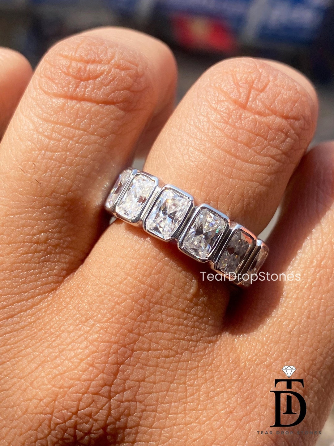 Bezel Set Radiant Band Radiant Cut Colorless Moissanite Wedding Band ...