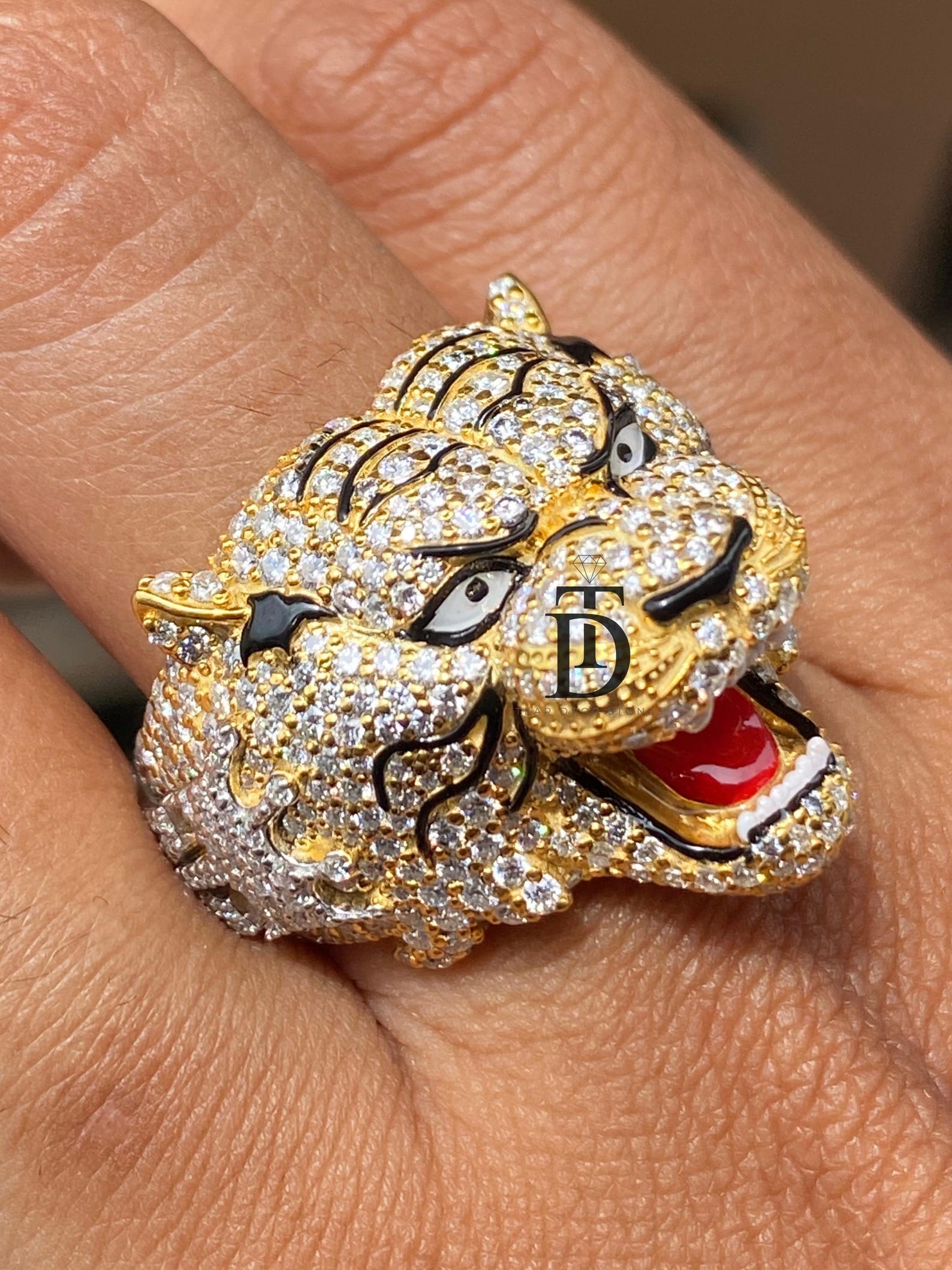 3D Roar Tiger Face Hip Hop Ring Round VVS Moissanite Hip Hop Ring Iced ...