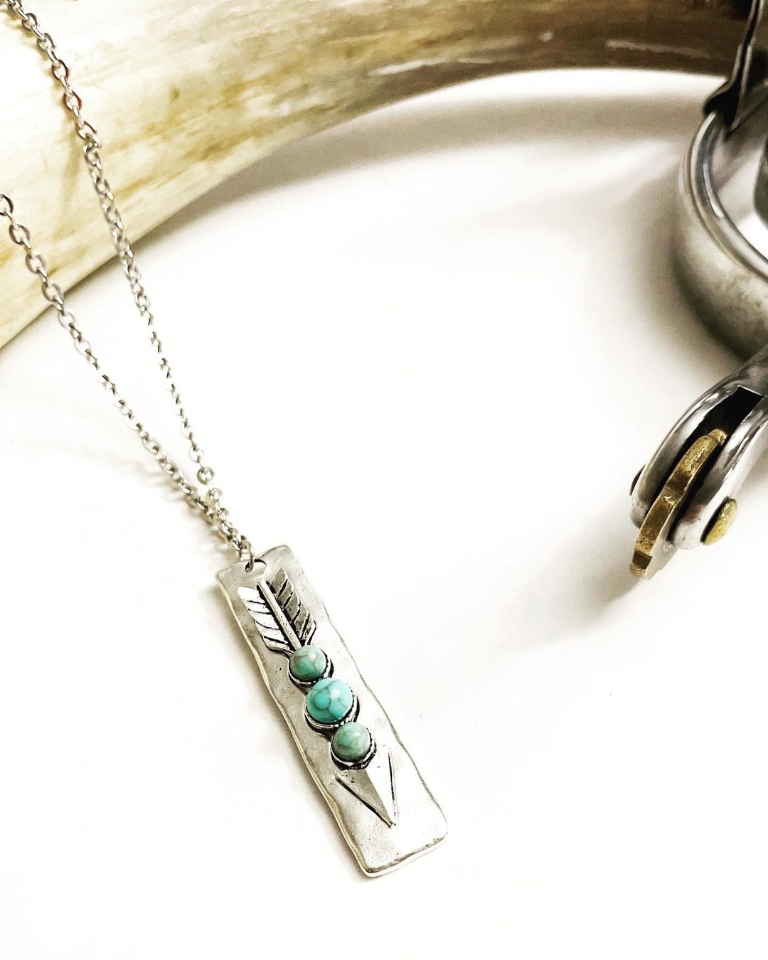 Arrow Necklace. 18” Stainless Steel Chain With Arrow and Faux Turquoise ...